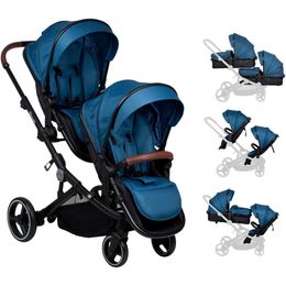 Zwillings-Kombikinderwagen BABYGO "Twinner Set, Grey melange", Baby, blau (blau melange), Aluminium, Polyester, Kinderwagen Zwillings-Kombikinderwagen, inkl. 2 Regenhauben, Wickeltasche