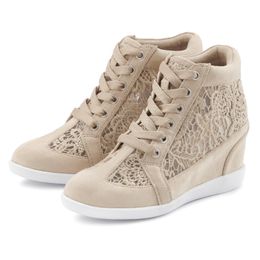 Sneaker Lascana "Freizeitschuh, Keilstiefelette, Stiefelette", Damen, Gr. 35, beige, Obermaterial: 100% Textilmaterial. Decksohle: 100% Lederimitat. Futter: 100% Textilmaterial. Laufsohle: 100% Synthetik, unifarben, Basic, Schuhe Sneaker, mit innenliegendem Keilabsatz und Spitzendetails, Topseller