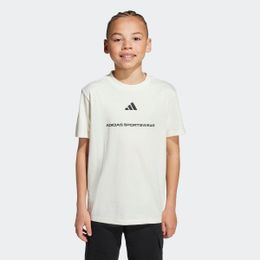 T-Shirt adidas Sportswear "ADIDAS SLOGAN SINGLE JERSEY", Jungen, Gr. 128, wei&szlig; (sanftes wei&szlig;), Obermaterial: 100% Baumwolle, Rundhals, Shirts T-Shirt, sportlicher Stil, kurze &Auml;rmel, elastisches Material, mit Slogan