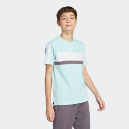 T-Shirt adidas Sportswear "SEASONAL ESSENTIALS TIBERIO 3-STREIFEN KIDS", Jungen, Gr. 176, blau (semi flash aqua, wei&szlig;), Obermaterial: 100% Baumwolle, Rundhals, Shirts T-Shirt