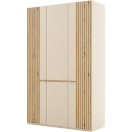 Kleiderschrank Musterring "Isabelle", beige (champagner, dekor), Schr&auml;nke, Champagner-Dekor, B/H/T: 148,4cm x 236cm x 58cm, T&uuml;ren: 3 Stk. Lamellen in Bianco Eiche-Nachbildung, Hartfaserplatte, Holzwerkstoff, Kleiderschrank, Lamellen in Eiche, Griffe in silber, verschiedene Gr&ouml;&szlig;en und Farben, B:148,4cm H:236cm T:58cm