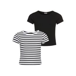 T-Shirt Kidsworld "2er Pack T-Shirts in elastischer Rippqualit&auml;t", M&auml;dchen, Gr. 164/170, schwarz (schwarz, gestreift), Feinripp, Obermaterial: 100% Baumwolle, geringelt, unifarben, Basic schmal taillenbedeckt, Rundhals, Shirts T-Shirt, 2er Packung T-Shirts, Topseller