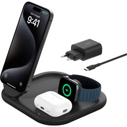 Belkin Wireless Charger "BoostCharge 3-in-1 15 W magnetisch, einklappbar", schwarz, B:35,99cm H:18,49cm T:19,99cm, Ladeger&auml;te, iPhone 17/Air, Pixelsnap, Apple Watch, AirPods, Wireless Charger