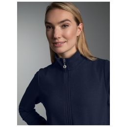 Sweatjacke TRIGEMA "TRIGEMA Jacke mit funkelnden Strass-Steinen", Damen, Gr. S, blau (navy), Sweatware, 55% Polyester, 45% Baumwolle, normal, ohne Ausschnitt, Sweatjacken Sweatjacke