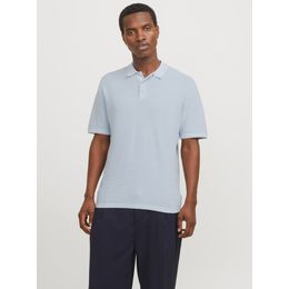 Jack & Jones Kurzarmpullover JACK & JONES "JJEGEORGE KNIT POLO SS SN", Herren, Gr. M, blau (chambray blau detail:with cloud dancer), Strick, Obermaterial: 85% Baumwolle, 15% Polyester, unifarben, relaxed fit taillenbedeckt, ohne Ausschnitt, B&uuml;ndchen, Pullover, mit Polo Kragen