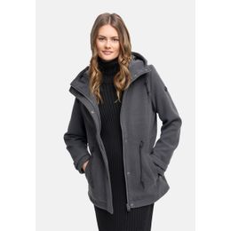 Kurzmantel Navahoo "L&auml;chelstern 14", Damen, Gr. L (40), anthrazit, Obermaterial: 100% Polyester; Innenfutter: 100% Polyester; &Auml;rmelfutter: 100% Polyester, tailliert Po-bedeckend, hoch geschlossener Ausschnitt, eng B&uuml;ndchen mit Druckkn&ouml;pfen, M&auml;ntel Kurzmantel, Lange Damen &Uuml;bergangsjacke in Wollmantel-Optik mit Kapuze