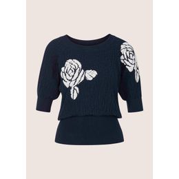 Madeleine Mode Longpullover MADELEINE "Cloqu&eacute;-Pullover Feinstrickpullover mit Bl&uuml;tenmuster", Damen, Gr. 40/42, blau (marine, wei&szlig;), Obermaterial: 100% Baumwolle CO., Modern, Pullover Longpullover, Cloque-Optik