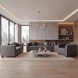 MCW 3-2-1 Couchgarnitur Lille ~ Kunstleder, dunkelgrau
