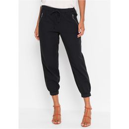 bonprix 7/8-Hose aus luftigem Leinen-Mix, schwarz, Gr.34, Locker geschnittene 7/8 Leinenhose mit elastischen B&uuml;ndchen am Bein., aus Leinen