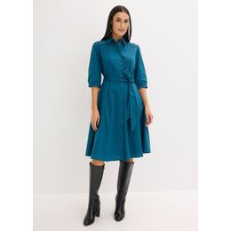 bonprix Hemdblusenkleid mit Spitze und Bindeband, petrol, Gr.38, Charismatisches Hemdblusenkleid mit Eingriffstaschen und Taillenband zum Binden, 72% Baumwolle