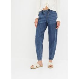 bonprix Barrel-Jeans Mid Waist Bequembund, blau, Gr.34, Trendy Jeans in Barrel-Form mit Gummibund, 98% Baumwolle (organic)