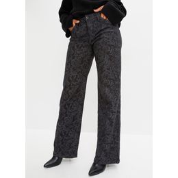 bonprix Wide-Leg-Jeans Mid Waist mit Glanzmuster, schwarz, Gr.40, Attraktive Marlene-Jeans mit Glanzmuster, 98% Baumwolle (organic)