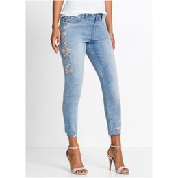 bonprix Skinny-Jeans Mid Waist verk&uuml;rzt, blau, Gr.40, H&uuml;bsche Jeans mit verspielter Stickerei und Fransensaum, 76% Baumwolle