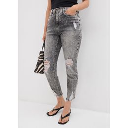 bonprix Mom-Jeans High Waist mit Destroy-Effekten, grau, Gr.40, Modische Mom-Jeans mit ausgefranstem Saum, 82% Baumwolle