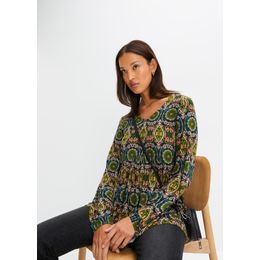 bonprix Long-Tunika aus flie&szlig;ender Viskose, schwarz, Gr.44/46 (L), Lockere Shirtbluse mit V-Ausschnitt und herbstlichem Print, aus Viskose