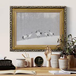 Bilderwelten Bild mit Barockrahmen Antik Tiere Motiv Barock grau - Kraniche im Schnee - V&ouml;gel Wohnzimmer Schlafzimmer