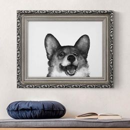 Bilderwelten Leinwandbild mit Barockrahmen Illustration Hund Corgi Wei&szlig; Schwarz Malerei