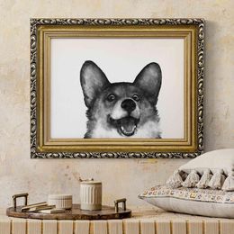 Gerahmtes Leinwandbild Illustration Hund Corgi Wei&szlig; Schwarz Malerei