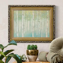 Bilderwelten Bild mit Barockrahmen Antik Wald modern Barock gr&uuml;n - Birkenwald bei Sonnenaufgang - B&auml;ume Wohnzimmer Schlafzimmer