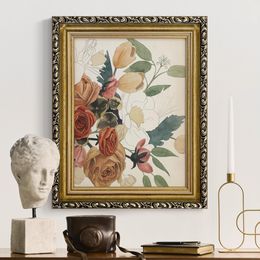 Bilderwelten Bild mit Barockrahmen Antik Blumen modern Aquarell rot - Zeichnung Blumenbouquet in Rot und Sepia II - Rose Wohnzimmer Schlafzimmer