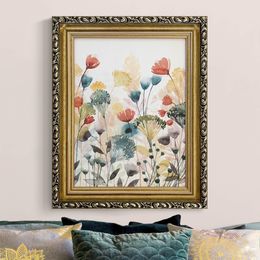 Bilderwelten Bild mit Barockrahmen Antik Blumen Landhaus Aquarell bunt - Wildblumen im Sommer II - edle Optik Wohnzimmer Schlafzimmer