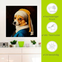 Wandbild Artland, B:100cm H:100cm, bunt, Vinyl, Wohnzimmer, Bilder, "Der Corgi mit dem Perlenohrring", als Alubild, Leinwandbild, Poster,