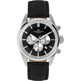 Jacques Lemans Herren Chronograph "Barcelona", schwarz, Armbanduhren, Quarzuhr, Armbanduhr, Herrenuhr, Lederarmband, Stoppfunktion, Datum