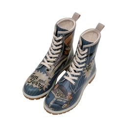 DOGO Damen Schn&uuml;rboots "Wb Longe Boots Schn&uuml;rstiefel Family Rocks Damen Stiefeletten", Gr. 40blau, Lederimitat, Schuhe, Handgefertigt