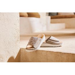 Rieker Damen Pantolette, Gr. 42, beige, Lederimitat, kontrastfarbene Details, Schuhe, Sommerschuh, Strandschuh, Hausschuh mit regulierbarem