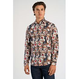 Langarmhemd LINDBERGH, Herren, Gr. M, N-Gr, schwarz, Web, Obermaterial: 97% Baumwolle, 3% Elasthan, bedruckt, regular fit normal, Manschette, Hemden, mit weihnachtlichem All-Over Print