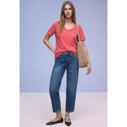 T-Shirt Street One, Damen, Gr. 34, striking coral, Web, 50% Baumwolle, 50% Modal, unifarben, normal normal, V-Ausschnitt, abgesteppt, Shirts T-Shirt, mit abgerundetem V-Ausschnitt