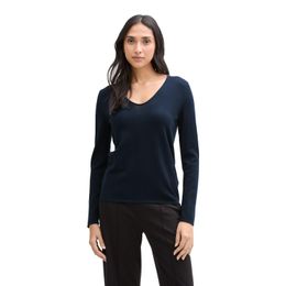 Tom Tailor Damen V-Ausschnitt-Pullover "Regular", blau, Gr. XXL, unifarben, Strick, Obermaterial: 60% Baumwolle, 40% Viskose, Pullover, mit