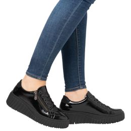 Rieker Damen Plateausneaker, Gr. 40, schwarz, Lackleder, gl&auml;nzend, Schuhe, Freizeitschuh, Halbschuh, Schn&uuml;rschuh mit Plateausohle