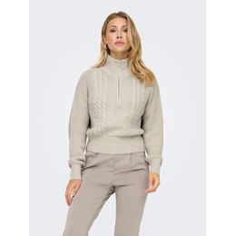 Stehkragenpullover Only "ONLDORITTA LS CABLE ZIP HIG NECK KNT", Damen, Gr. S, pumice stone, Strick, Obermaterial: 60% Baumwolle, 40% Polyacryl, unifarben, regular fit normal, hoch geschlossener Ausschnitt, Pullover Stehkragenpullover