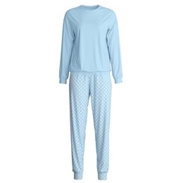 Calida Damen Schlafanzug "Lovely Nights", Gr. XS, blau, Single Jersey, Obermaterial: 100% Baumwolle, Homewear-Sets, Oberteil uni, Hose gestreift,