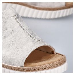 Rieker Damen Pantolette, Gr. 42, beige, Lederimitat, metallic, Schuhe, Keilabsatz, Sommerschuh, Schlappen mit Juterahmen an der Laufsohle