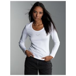 TRIGEMA Damen Longsleeve "TRIGEMA Langarmshirt mit Kristallsteinen", wei&szlig;, Basic, Gr. L, Feinstrick, 95% Baumwolle, 5% Elastan, Shirts