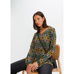 bonprix Long-Tunika aus flie&szlig;ender Viskose, schwarz, Gr.44/46 (L), Lockere Shirtbluse mit V-Ausschnitt und herbstlichem Print, aus Viskose