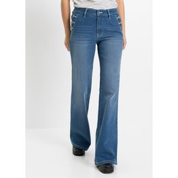bonprix Bootcut Jeans Mid Waist Bio-Baumwolle, blau, Gr.46, Schlagjeans mit dekorativen Kn&ouml;pfen, 98% Baumwolle (organic)