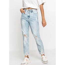 bonprix Mom-Jeans High Waist mit Destroy-Effekten, blau, mit Baumwolle
