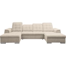 Wohnlandschaft WERK2 "Napoli", beige, B:330cm H:106cm T:174cm, 100% Polyester, Sofas, Wohnlandschaft, verstellbare Kopfteile, mit Schlaffunktion und Bettkasten