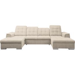 Wohnlandschaft WERK2 "Napoli", beige, B:330cm H:106cm T:174cm, 100% Polyester, Sofas, Wohnlandschaft, verstellbare Kopfteile, mit Schlaffunktion und Bettkasten