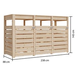 Karibu M&uuml;lltonnenbox f&uuml;r 3 Tonnen mit Pflanzdach (3 x 240l) - 238x88x143cm - naturfarben - Fichtenholz