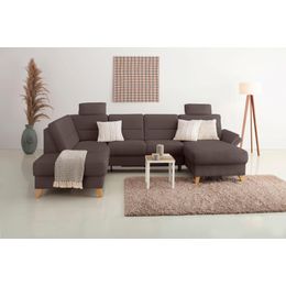 Wohnlandschaft Home Affaire "Westerland U-Form", braun (dunkelbraun), B:303cm H:90cm T:213cm, 100% Polyester, Sofas, Wohnlandschaft, Federkern, wahlweise Bettfunktion, Stauraum und Armlehn-Verstellung