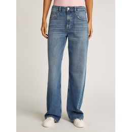 Straight-Jeans Tommy Jeans "Mia Mid Rise Relaxed Straight", Damen, Gr. 25, L&auml;nge 30, blau (denim medium), Denim/Jeans, Obermaterial: 99% Baumwolle, 1% Elasthan, unifarben, relaxed fit lang, Jeans Straight-Jeans, mit Strass-Steinen