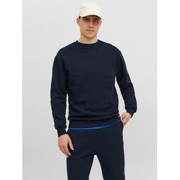 Jack & Jones Sweatshirt JACK & JONES "JJEBRADLEY mit Rippb&uuml;ndchen f&uuml;r Alltag und Freizeit", Herren, Gr. M, blau (navy blazer), angeraute Sweatware, Obermaterial: 61% Polyester, 39% Baumwolle, unifarben, relaxed fit normal, Rundhals, Rippb&uuml;ndchen, Sweatshirts Sweatshirt, Materialmix, relaxed fit