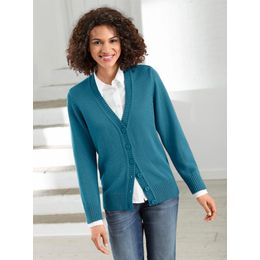 Strickjacke Casual Looks, Damen, Gr. 44, blau (petrol), 50% Baumwolle, 50% Polyacryl, unifarben, figurumspielend, Strickjacken Strickjacke