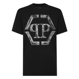 T-Shirt Philipp Plein "Hexagon Mit Schmucksteinen", Damen, Gr. XL, 02, schwarz, Obermaterial: 100% Baumwolle, 100% Glasfaser, Shirts T-Shirt