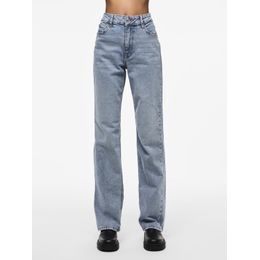 Straight-Jeans Pieces "PCKELLY HW STRAIGHT JEANS LB302 NOOS", Damen, Gr. 31, L&auml;nge 30, blau (light blau denim), Denim/Jeans, Obermaterial: 99% Baumwolle, 1% Elasthan, unifarben, Jeans Straight-Jeans