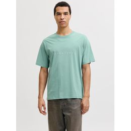 Jack & Jones Rundhalsshirt JACK & JONES "JJESTAR mit Pigmentprint und Baumwollgef&uuml;hl", Herren, Gr. L, mineral blau, Single Jersey, Obermaterial: 100% Baumwolle, bedruckt, relaxed fit normal, Rundhals, gerader Abschluss, Shirts Rundhalsshirt, Baumwolle, relaxed fit